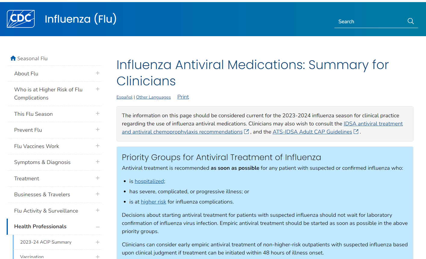 Factsheet: Summary Information on Influenza Antiviral Medications for Clinicians | Vaccine ...